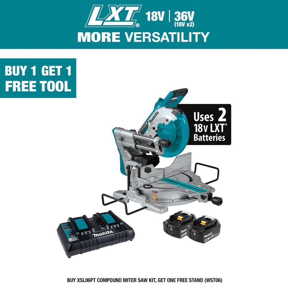 Makita 18V 5.0Ah X2 LXT Lithium Ion 36V Brushless Cordless 10 in. Dual Bevel Sliding Compound Miter Saw with Laser Kit XSL06PT The Home Depot