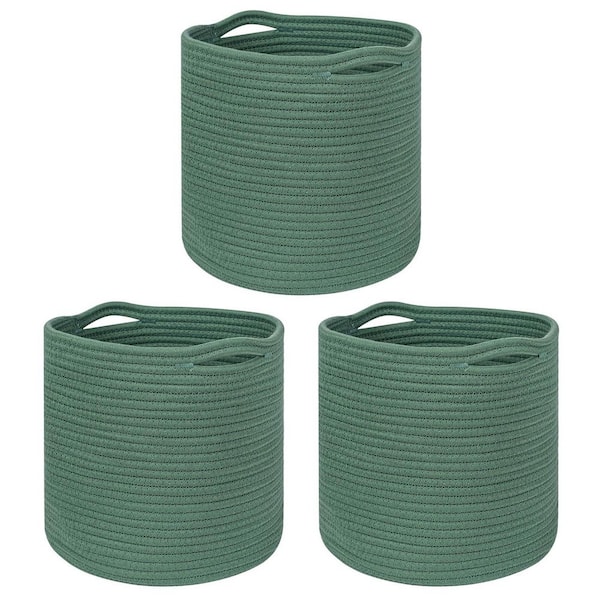 Green 11 in. x 11 in. Cotton Decorative Basket (Set of 3) with Built-in ...