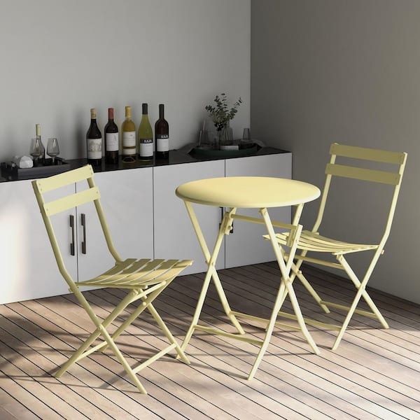 3 Piece Yellow Metal Patio Bistro Set of Foldable Round Table and ...
