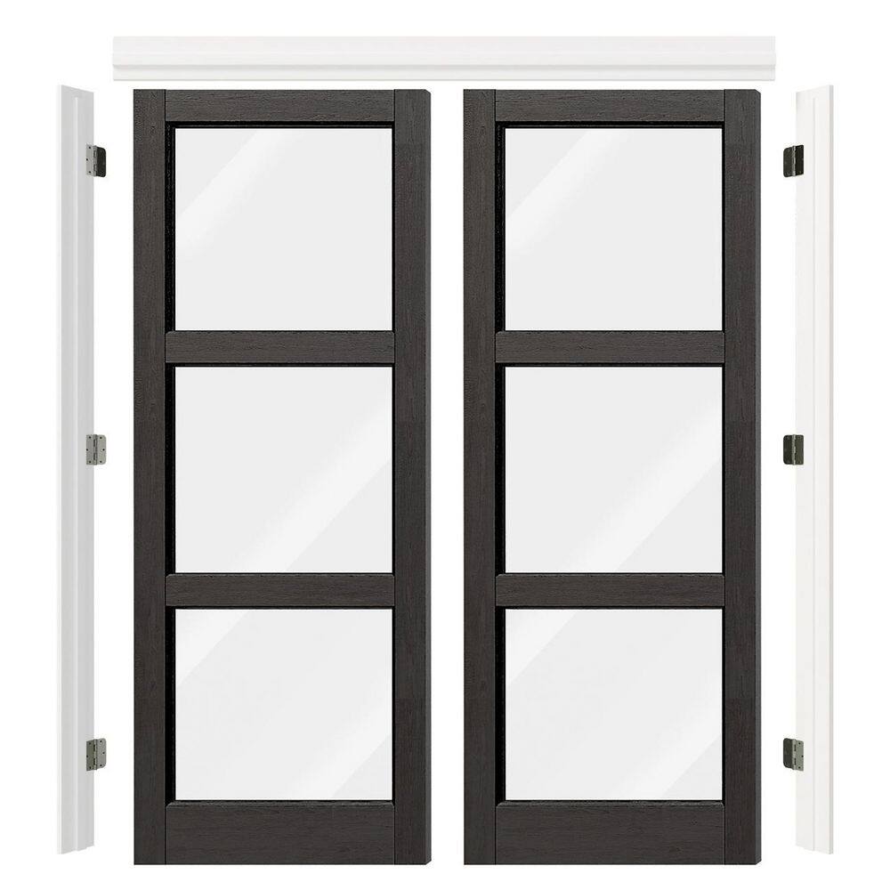 TENONER 60 in. x 80 in. 3-Lite Clear Glass Black PVC Covering MDF. Wood ...