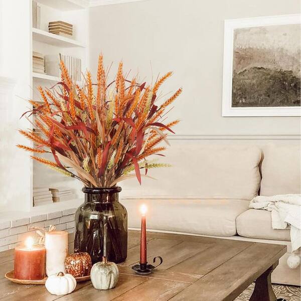 22.4 in. Orange Artificial Wheat Stalks Autumn Leaves Branchs Stem (6 ...