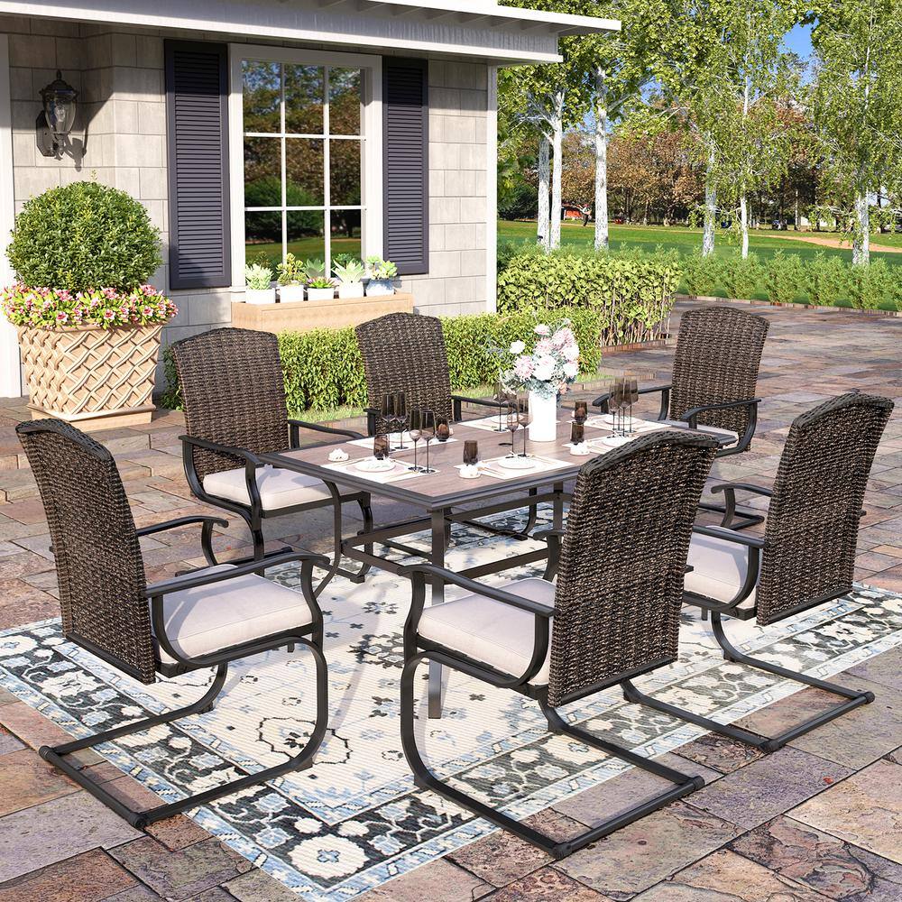PHI VILLA Black 7-Piece Metal Outdoor Dining Set with Wood-Look Patio ...