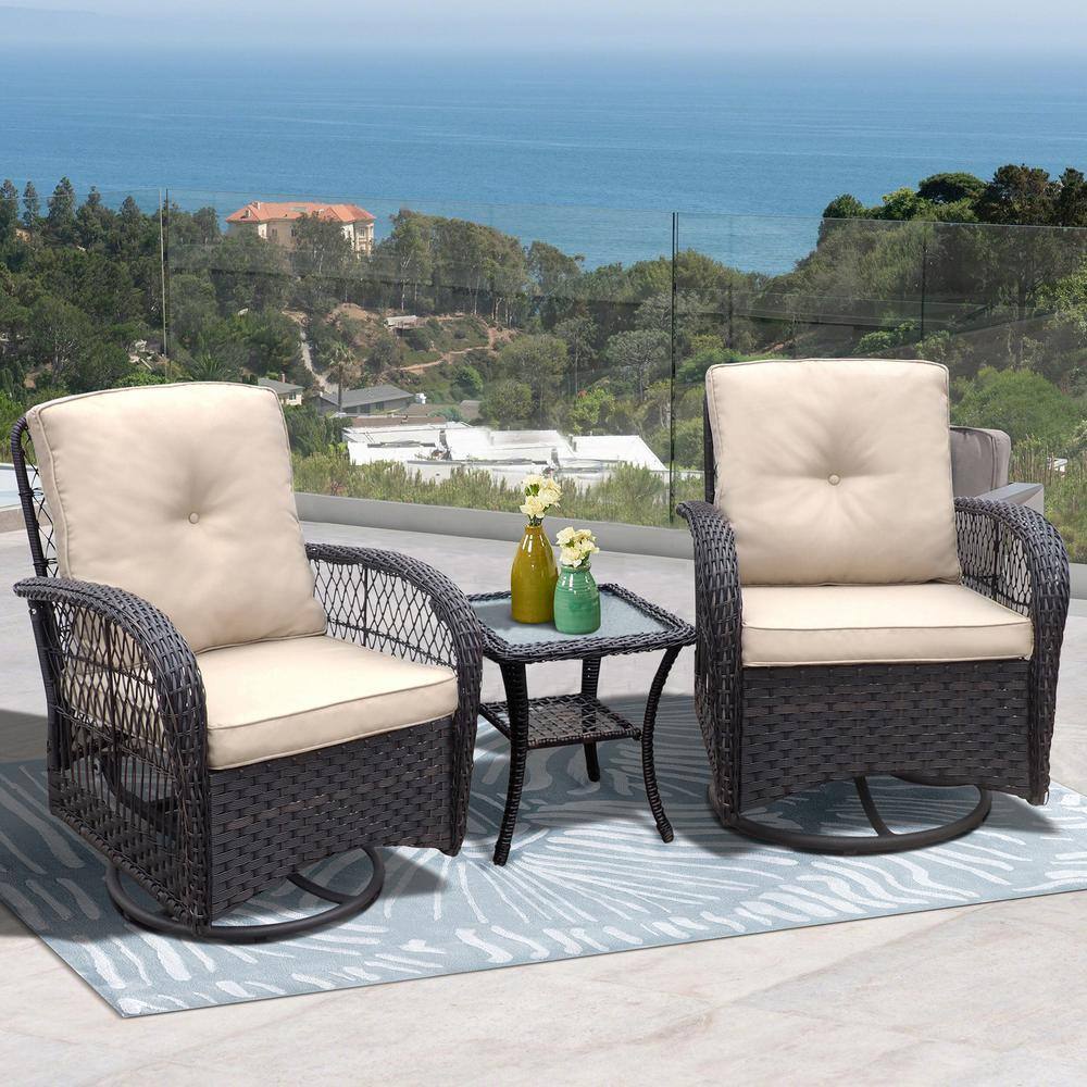 AUTMOON 3-Piece Conversation Set, Outdoor Wicker Rocker Swivel Patio ...