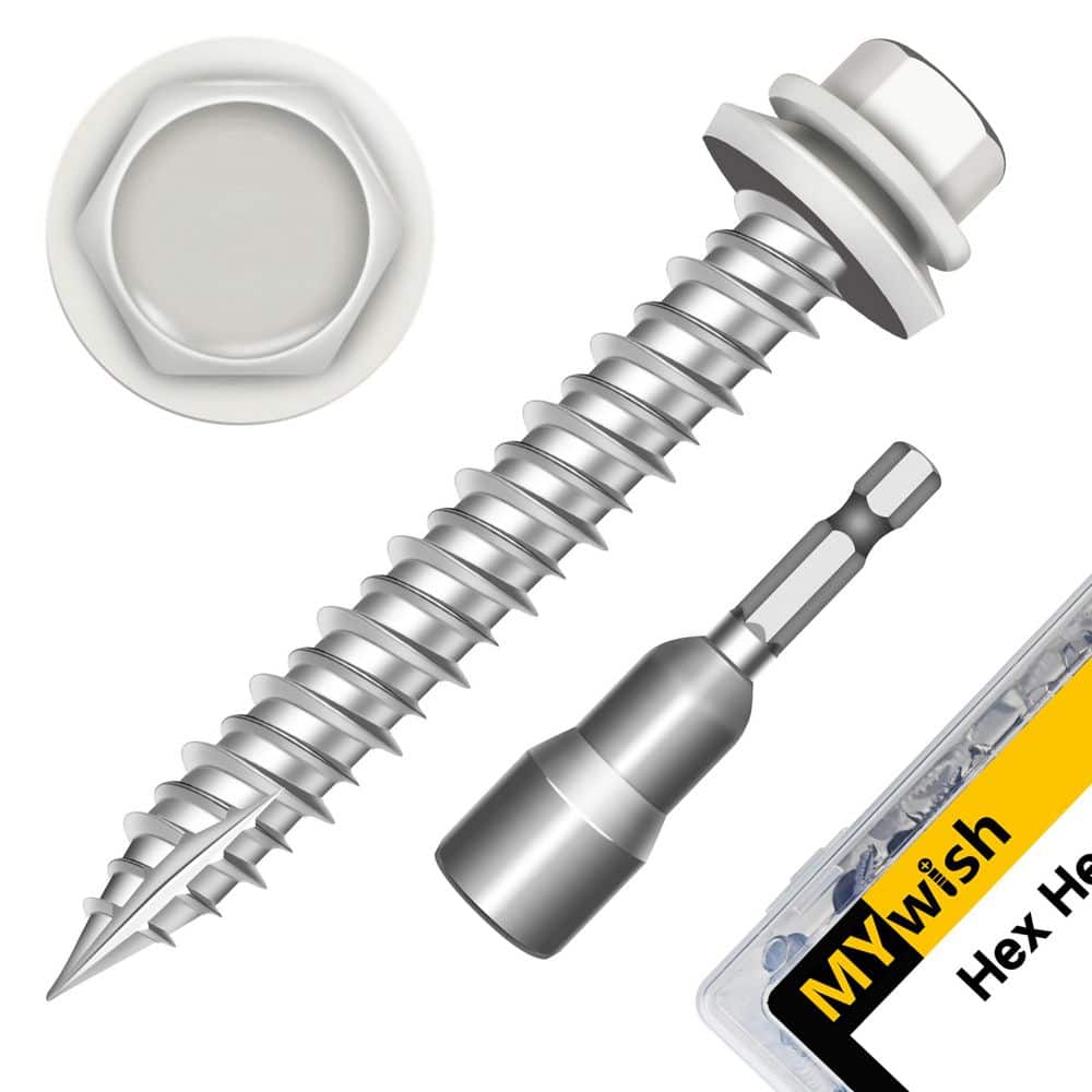MYWISH #10 x 1-1/2 in. Painted White Hex Head Self Drilling Metal ...