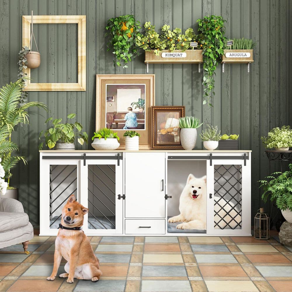 FUFU&GAGA Large Dog Kennels Furniture with Storage Cabinet for 2-Medium Dogs 81.5 in. Modern Dog ...