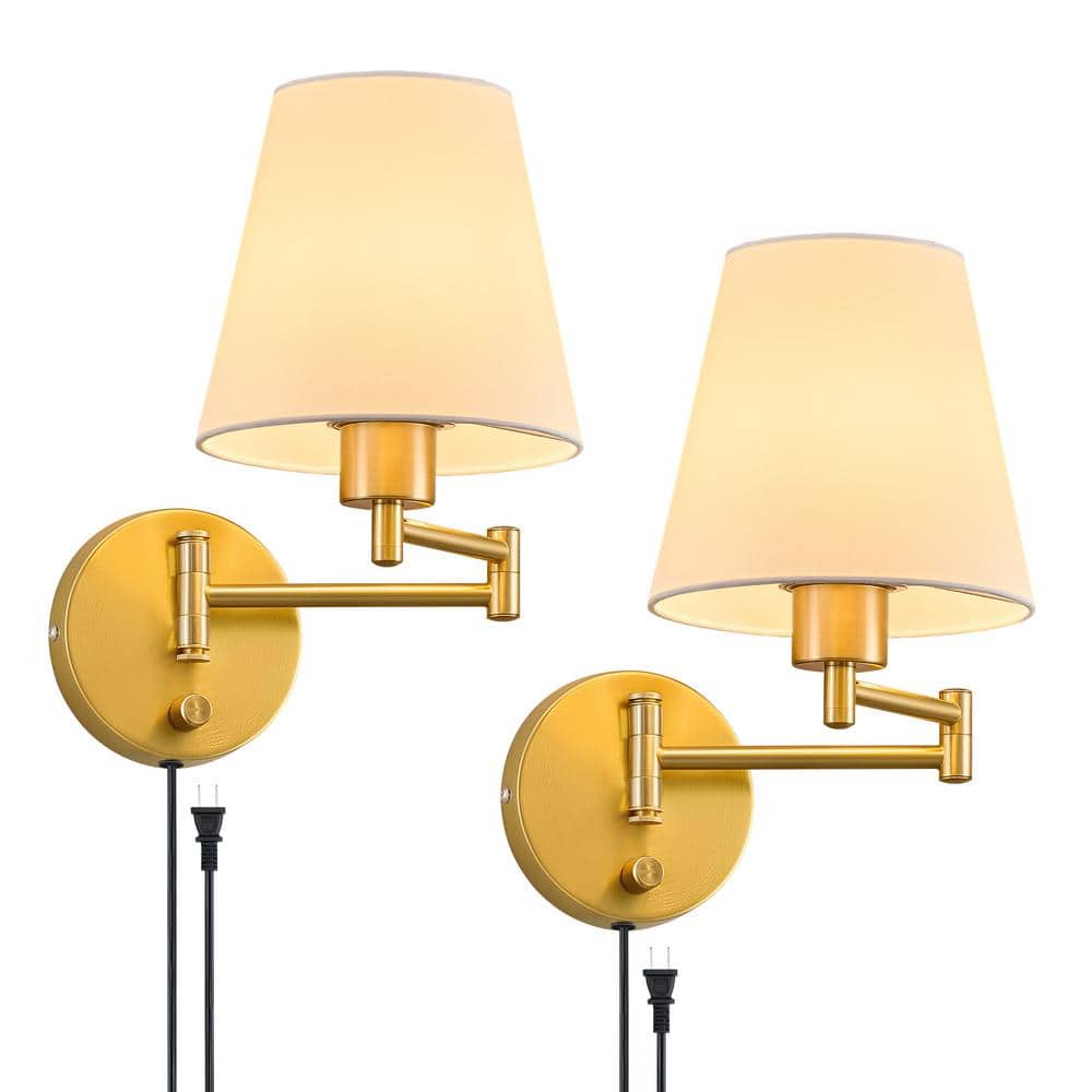 Merra 1-Light Gold Swing Arm Wall Lamp with White Fabric Shade and 72 ...
