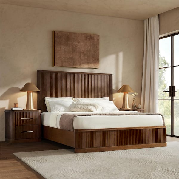 JAYDEN CREATION Eustacio Brown Solid Wood Frame Queen Platform Bed with Fluted Surface BDGG1447 ...