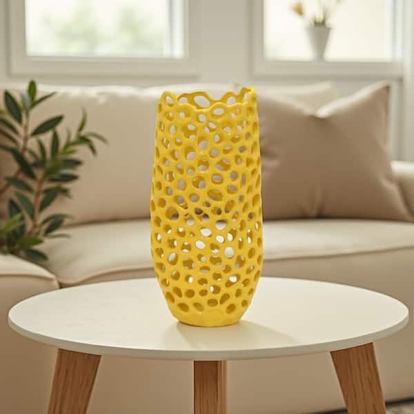 Benjara Kifa 15 in. Yellow Ceramic Cylinder Decorative Flower Vase ...
