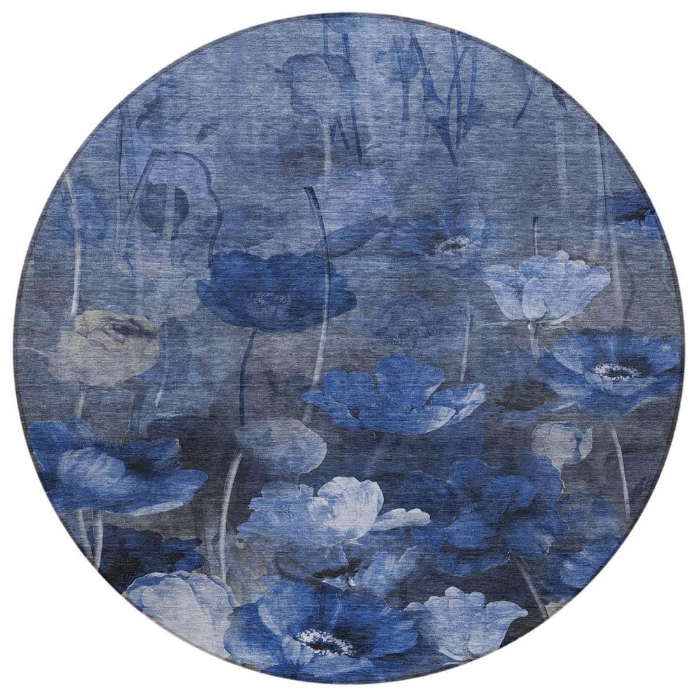 HomeRoots Navy Blue, Denim Blue 8 ft. Round Woven Floral Polyester ...