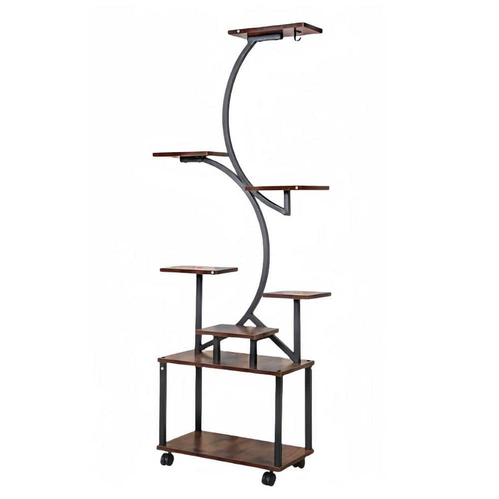 61in. Indoor Brown 8-Tier Composite Wood Plant Stand with LED Grow ...