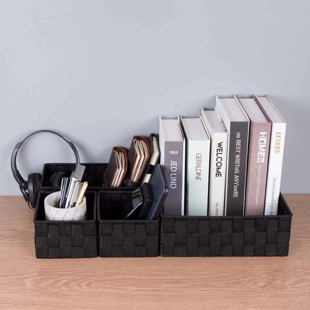 Black 11 in. x 3.9 in. Woven Strap Storage Baskets Set of 4, Metal ...