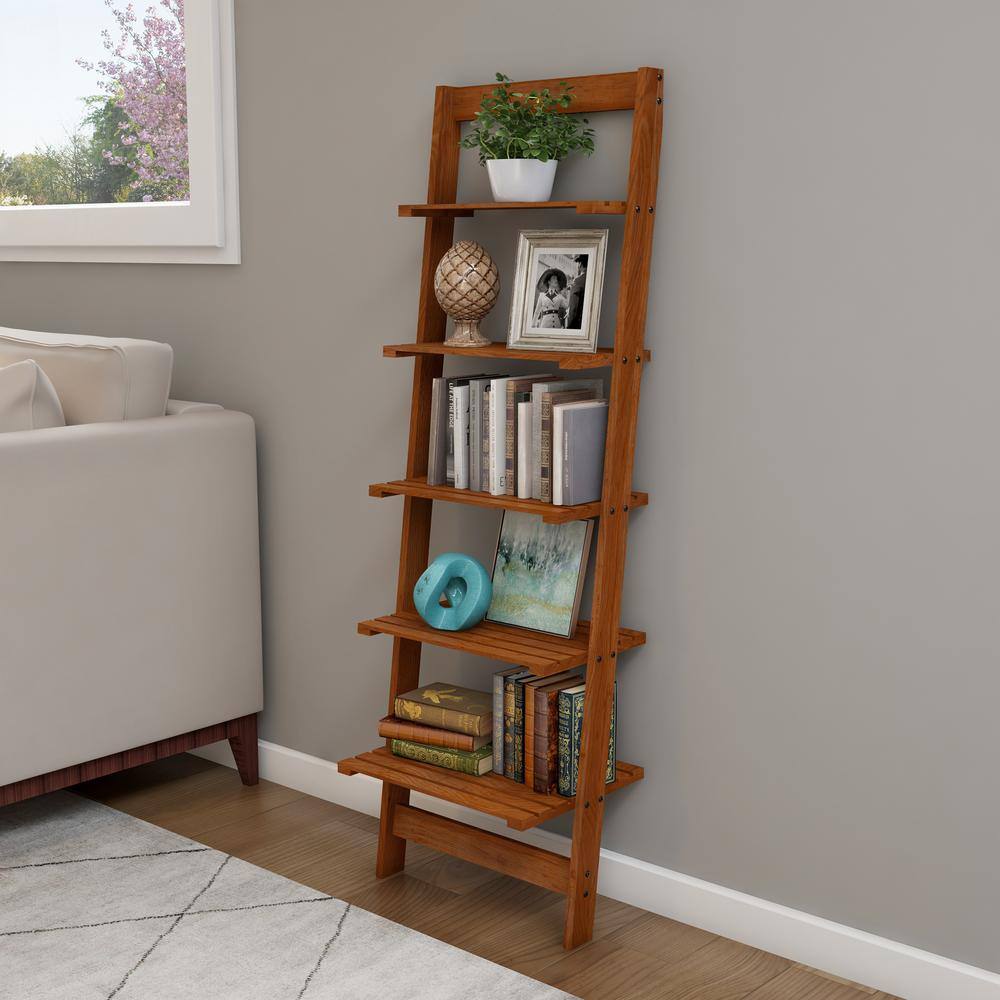 Lavish Home 50 in. Cherry Wood 5-shelf Ladder Bookcase with Open Back ...