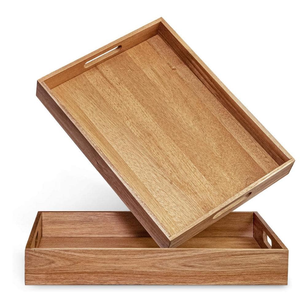 Afoxsos Acacia Wood Serving Tray with Handles Set of 2 Decorative Serving Trays Platter for Breakfast in Bed Coffee Table SNPH039IN460 The Home Depot