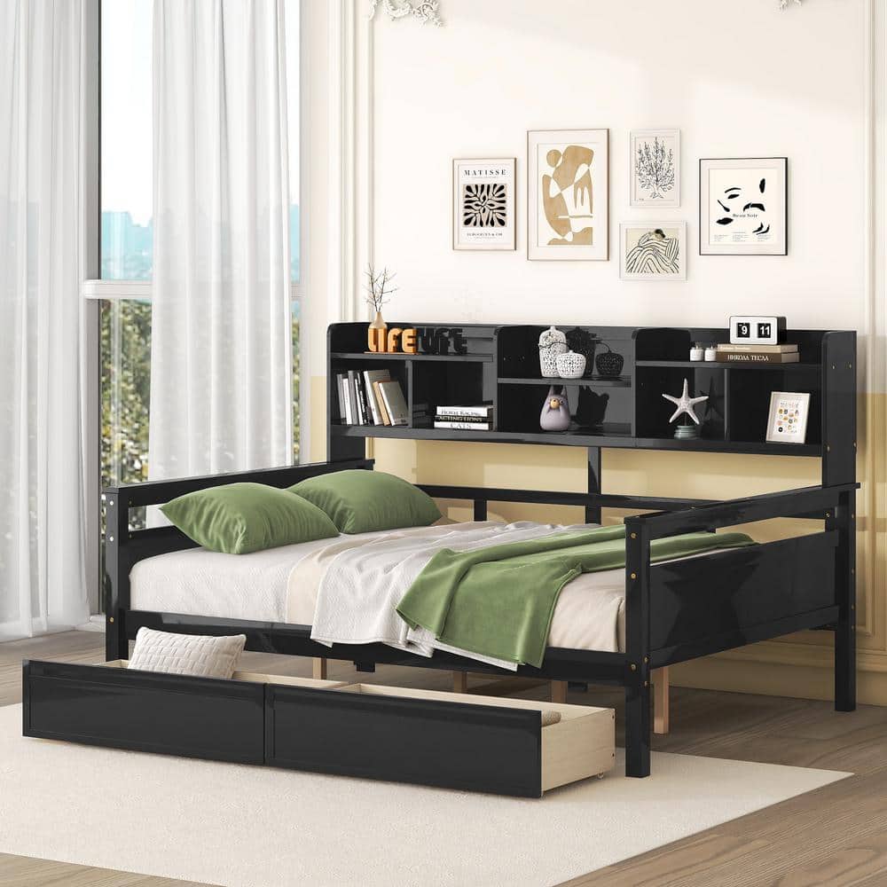 Harper & Bright Designs Espresso Full Size Wood Daybed with Bedside ...
