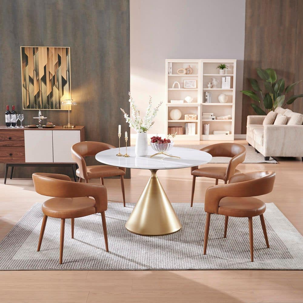 Morden Fort 5-Piece MDF Wood Round Dining Table with Caramel Brown Faux ...