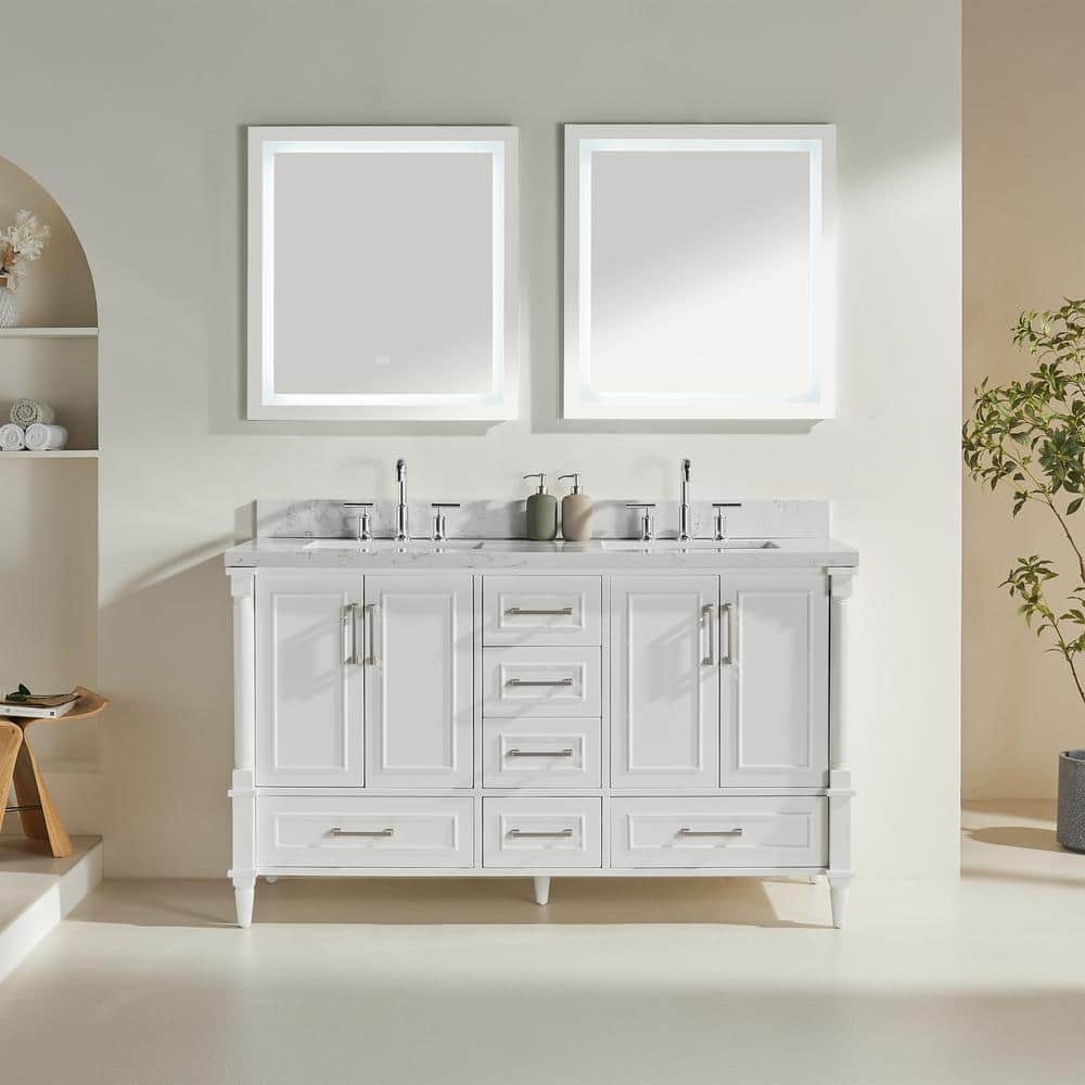 Nivencai 60 in. Soiled Wood Freestanding White Bath Vanity with Carrara ...