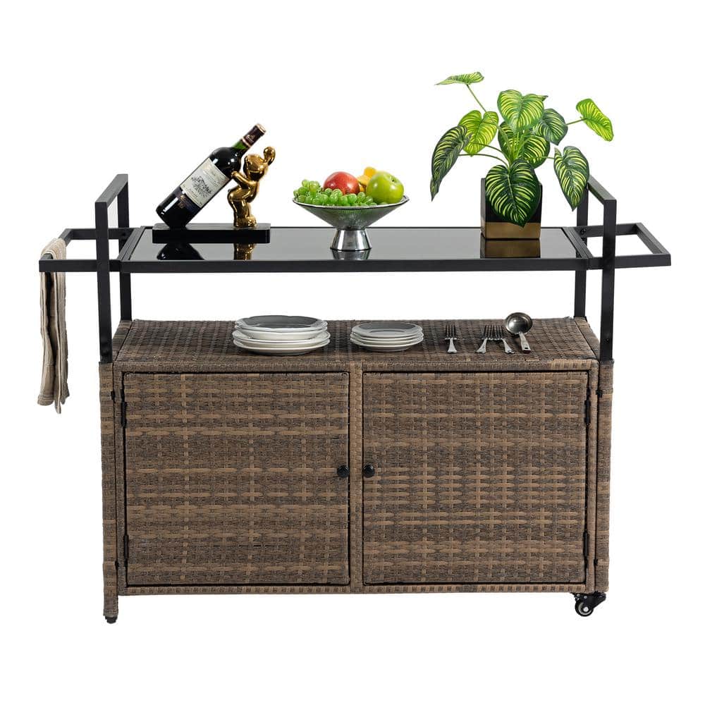 Boosicavelly Outdoor Patio Light Brown Wicker Serving Cart with Glass ...