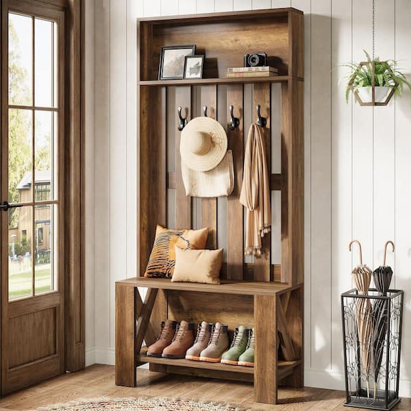 BYBLIGHT Brown Engineered Wood Hall Tree with Shoe Storage and 4 Hooks ...