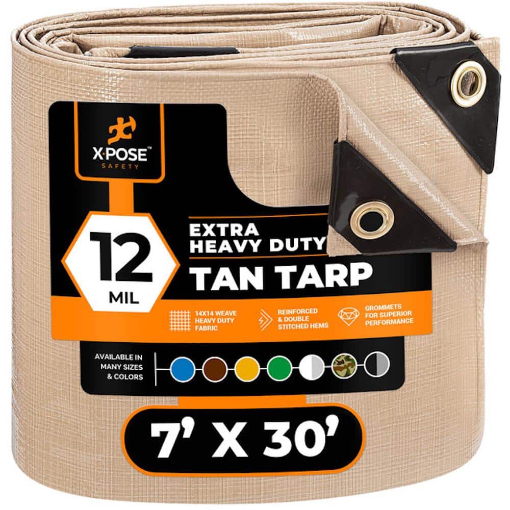 XPOSE SAFETY Heavy-Duty Tan Poly Tarp 7 ft. x 30 ft. Multi-Purpose ...