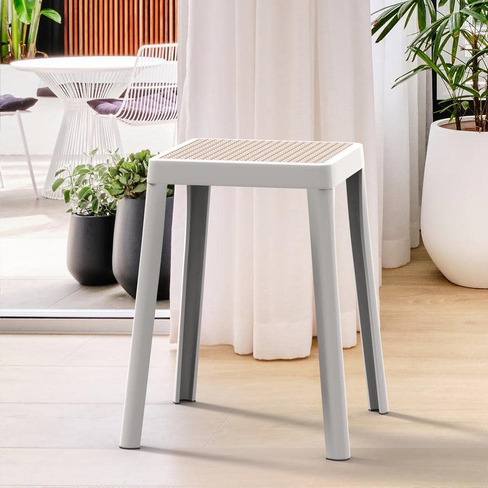 Leisuremod Tresse 18 in. White Backless Square Plastic Dining Stool ...