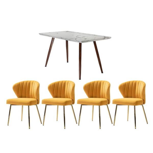 JAYDEN CREATION Olinto Mustard 5-Piece Dining Set with Marble Desk ...