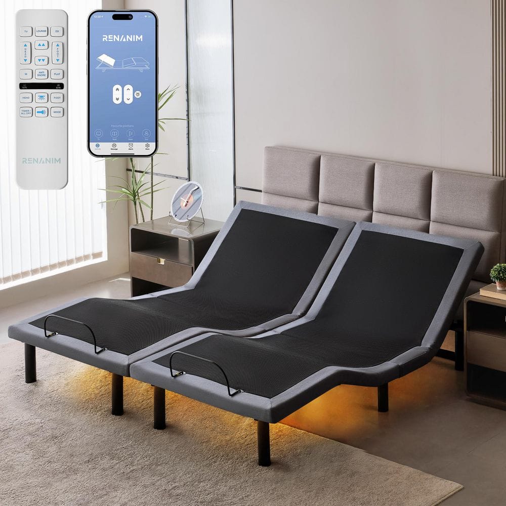 Reviews for Renanim Adjustable Gray Split-King Bed Frame USB, Dual ...