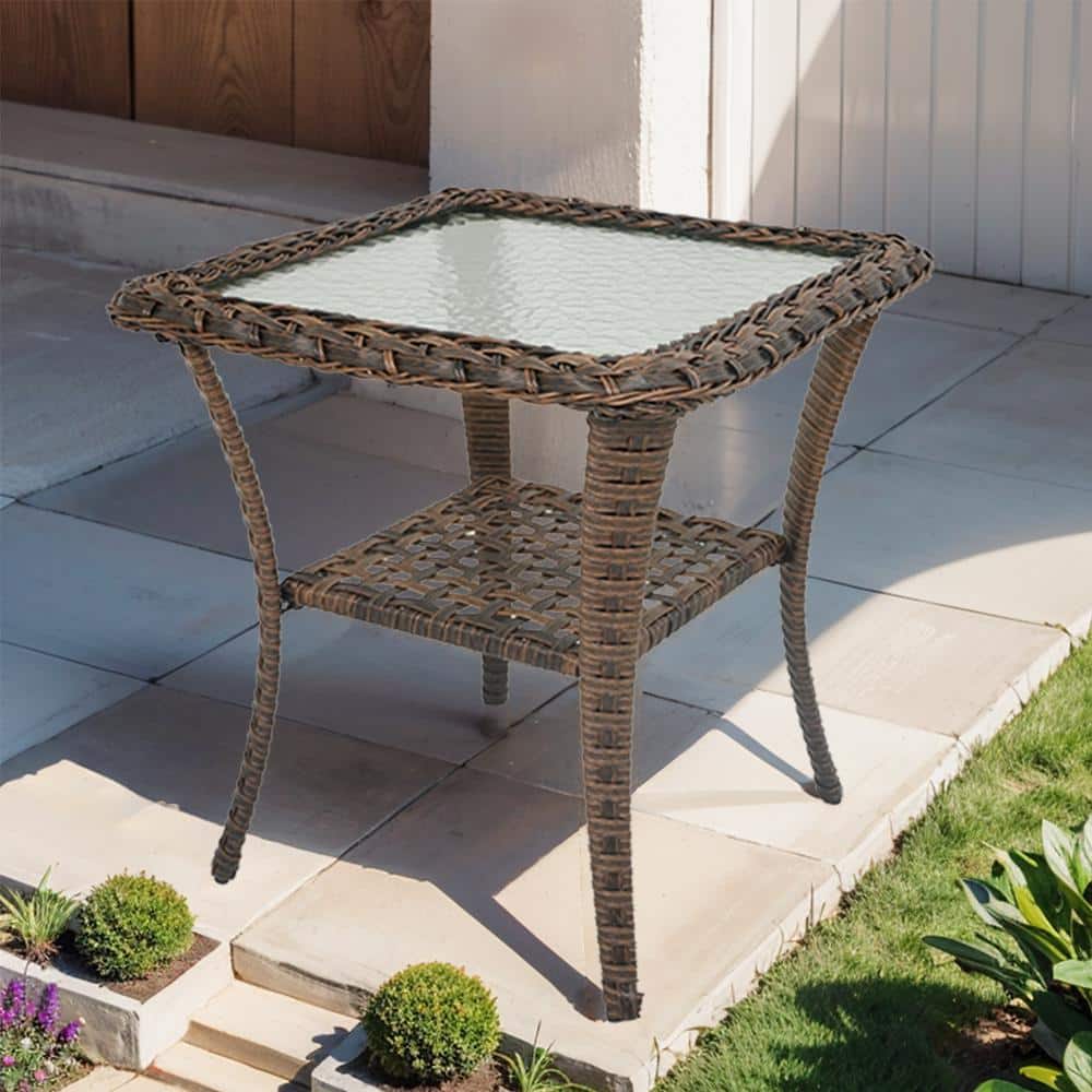 Reviews for Gymojoy Carlos Brown PE Wicker Outdoor Side Table, Square Patio Coffee Table With ...