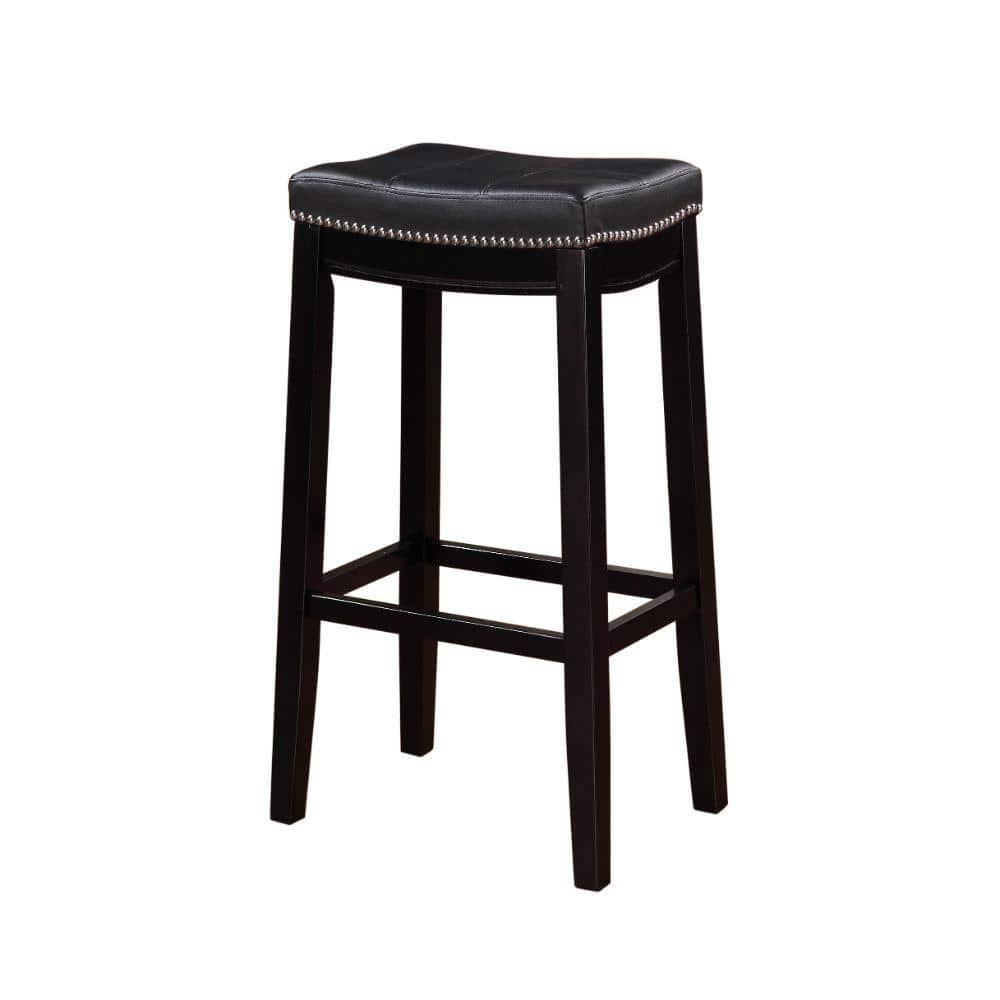 Benjara 32 in. H Black Wooden Bar Stool with Faux Leather Upholstery ...