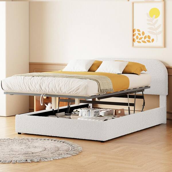 Nestfair White Teddy Fleece Wood Frame Full Platform Bed with Hydraulic ...