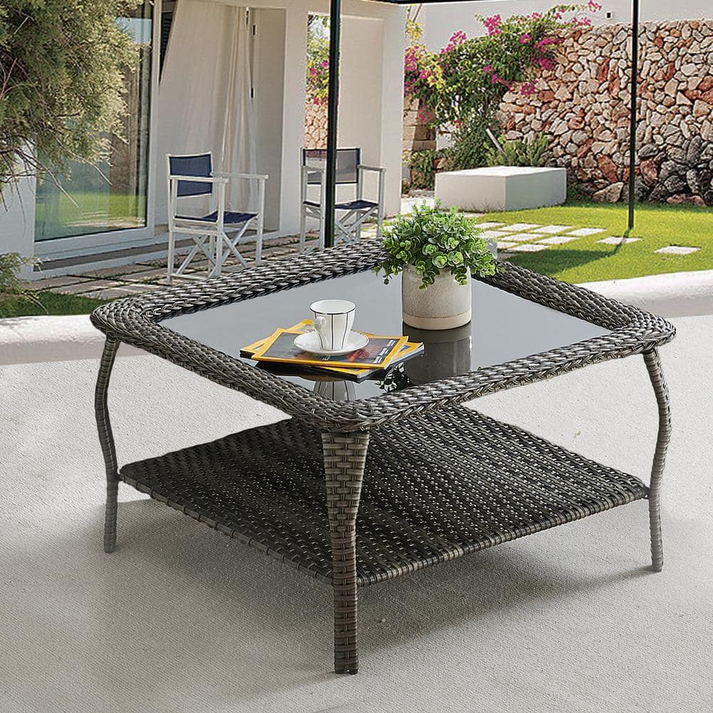 Opohoro ArcoBay Gray Square Wicker Outdoor Coffee Table with Tempered ...