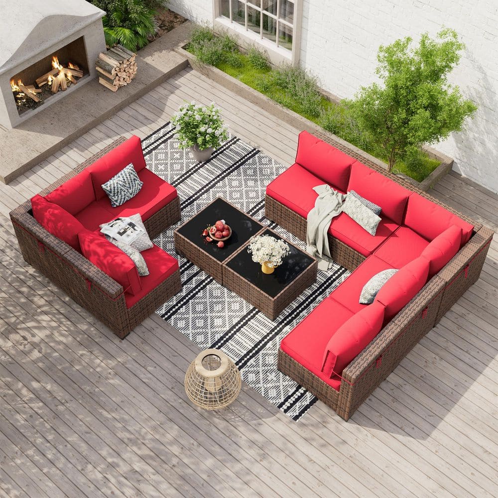 Poteban 10-Piece Wicker Patio Sectional Conversation Sets With 2 Coffee ...