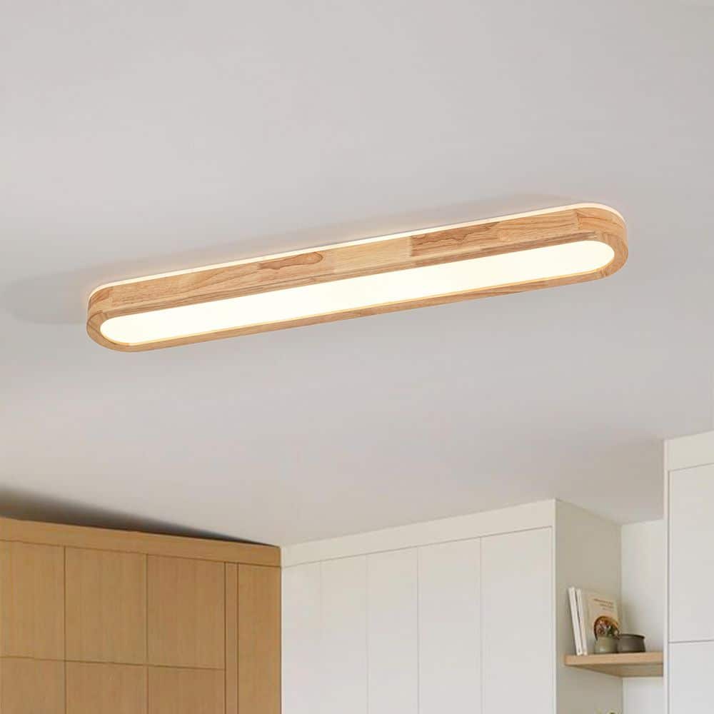 HUOKU Lumin LED-Light 37.4 in.W Wood Flush Mount Round Long Rectangular ...