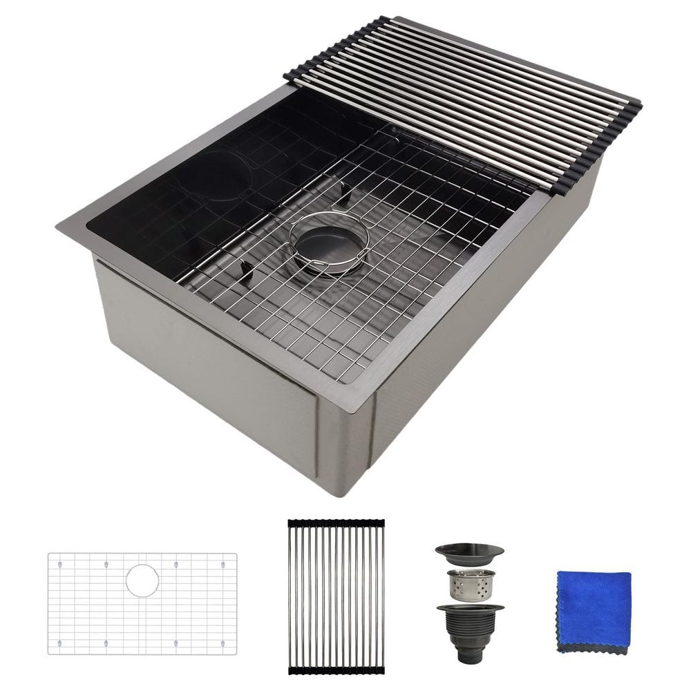 Delironexu 30 in. Undermount Black Single Bowl Kitchen Sink-16-Gauge ...