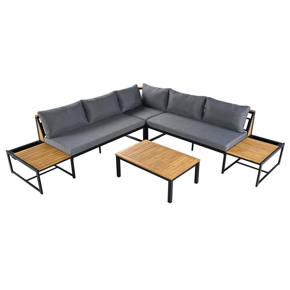 4-Piece Metal and Wood Outdoor Sectional Set, Patio Furniture Set with ...