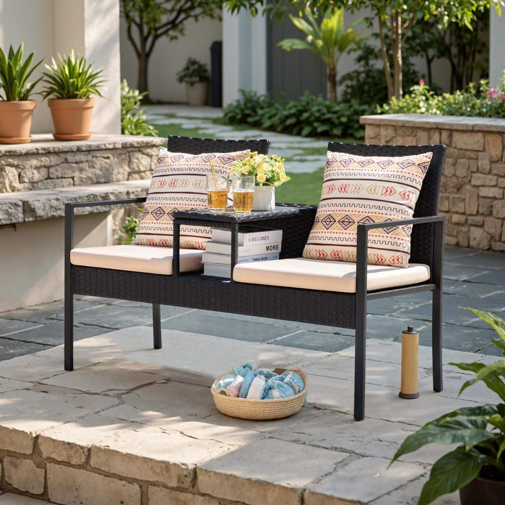 Tozey Morden Black 2-Person Wicker Outdoor Loveseat with Center Storage Table and Beige Cushions ...