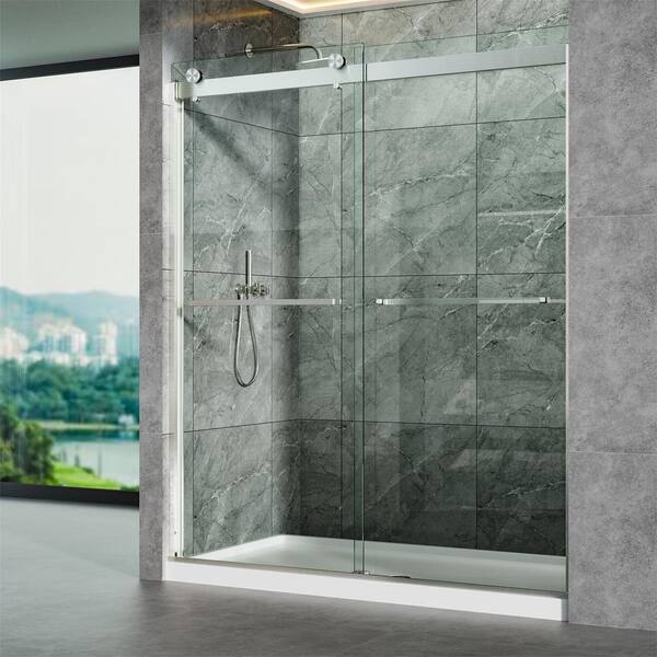imperiol 56 in. to 60 in. x 74 in. Semi-Frameless Double Sliding Shower Door in Brushed Nickel ...