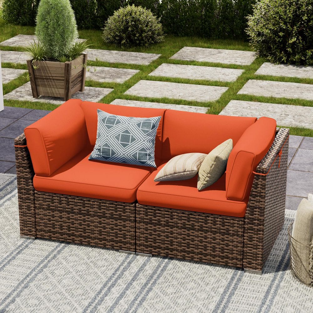Poteban 2-Series Brown Wicker Outdoor Sectional Set with Orange Cushion ...