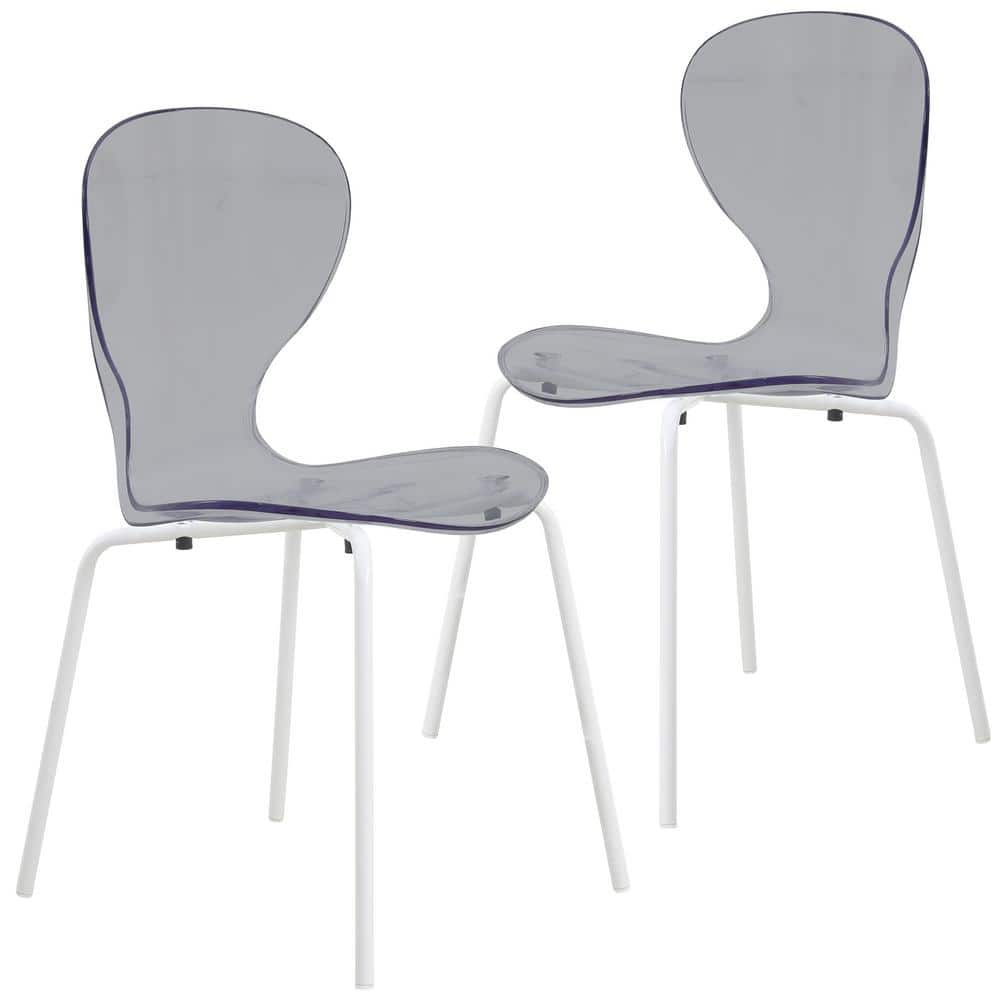 Leisuremod Oyster Transparent Dining Chair Stackable Curved Back With Stainless Steel White Legs Set of 2 OCW 17TBL2 The Home Depot