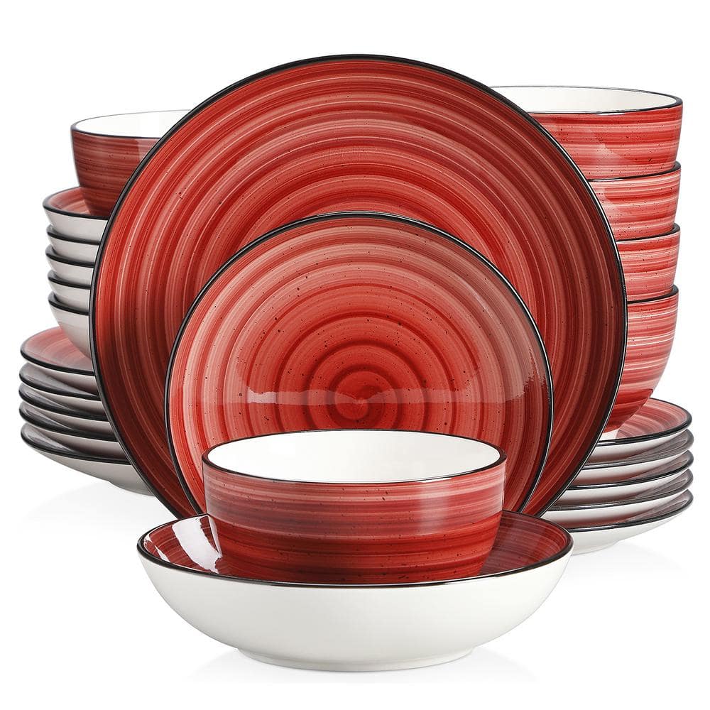 MALACASA Bonbon 24-Pieces Red Stoneware Hand-Painted Spirals Pattern ...