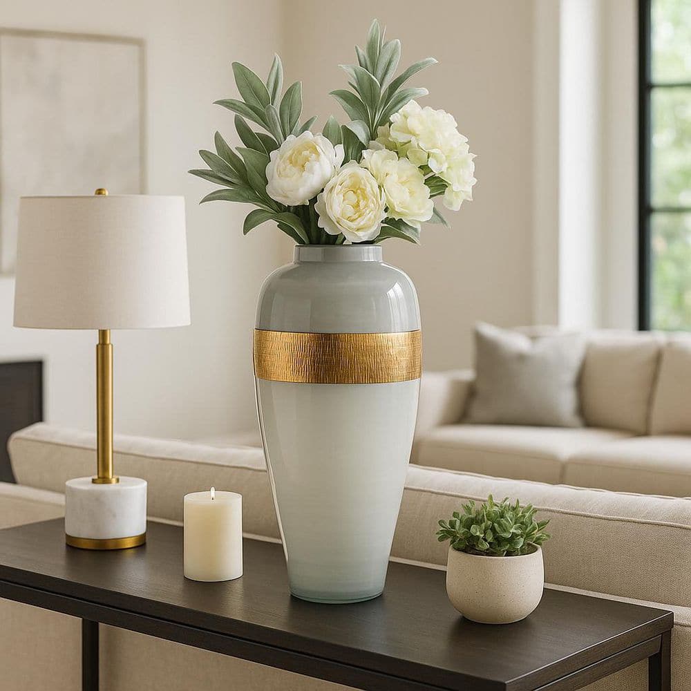 Liv & Skye 21 in. White Glass Round Ginger Vase with Brass Band 15216 ...