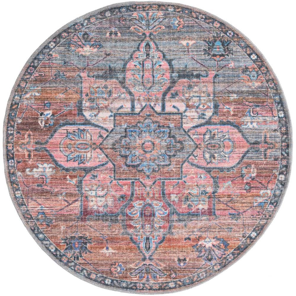 Unique Loom Nostalgia Gem Multi 4 ft. Round Machine Washable Area Rug ...