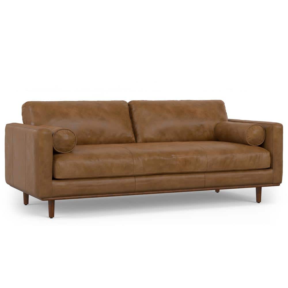 Simpli Home Morrison 89 in Straight Arm Genuine Leather Rectangle Mid ...