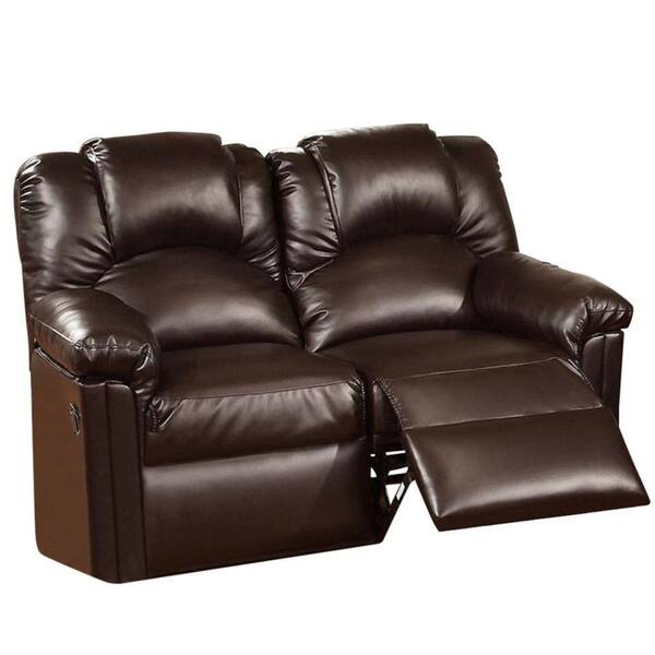 Benjara Brown Leather Manual Recliner Loveseat with Round Armrests ...