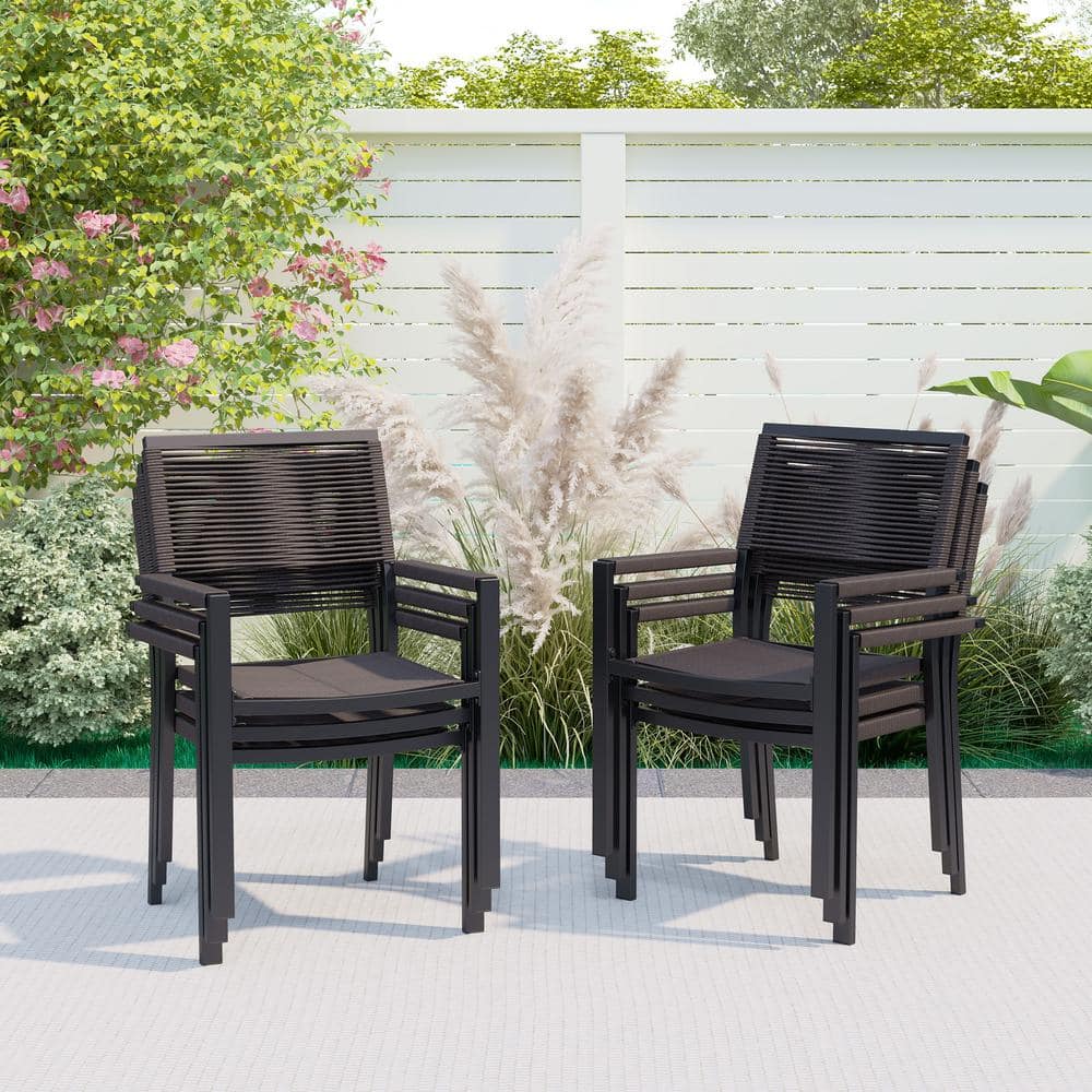 AURA OUTDOOR 6-pack Wicker Metal Outdoor Dining Chair with Arm All ...