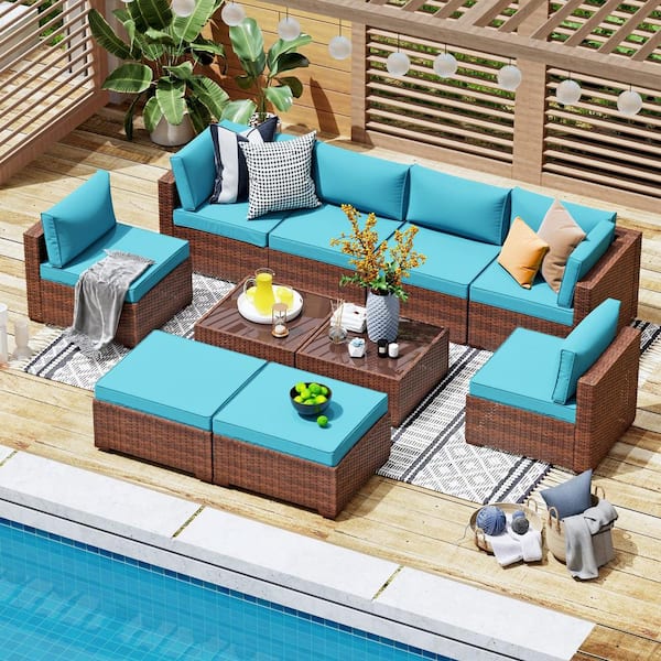 Freestyle 10-Piece Wicker Outdoor Sectional Set with Turquoise Cushions ...