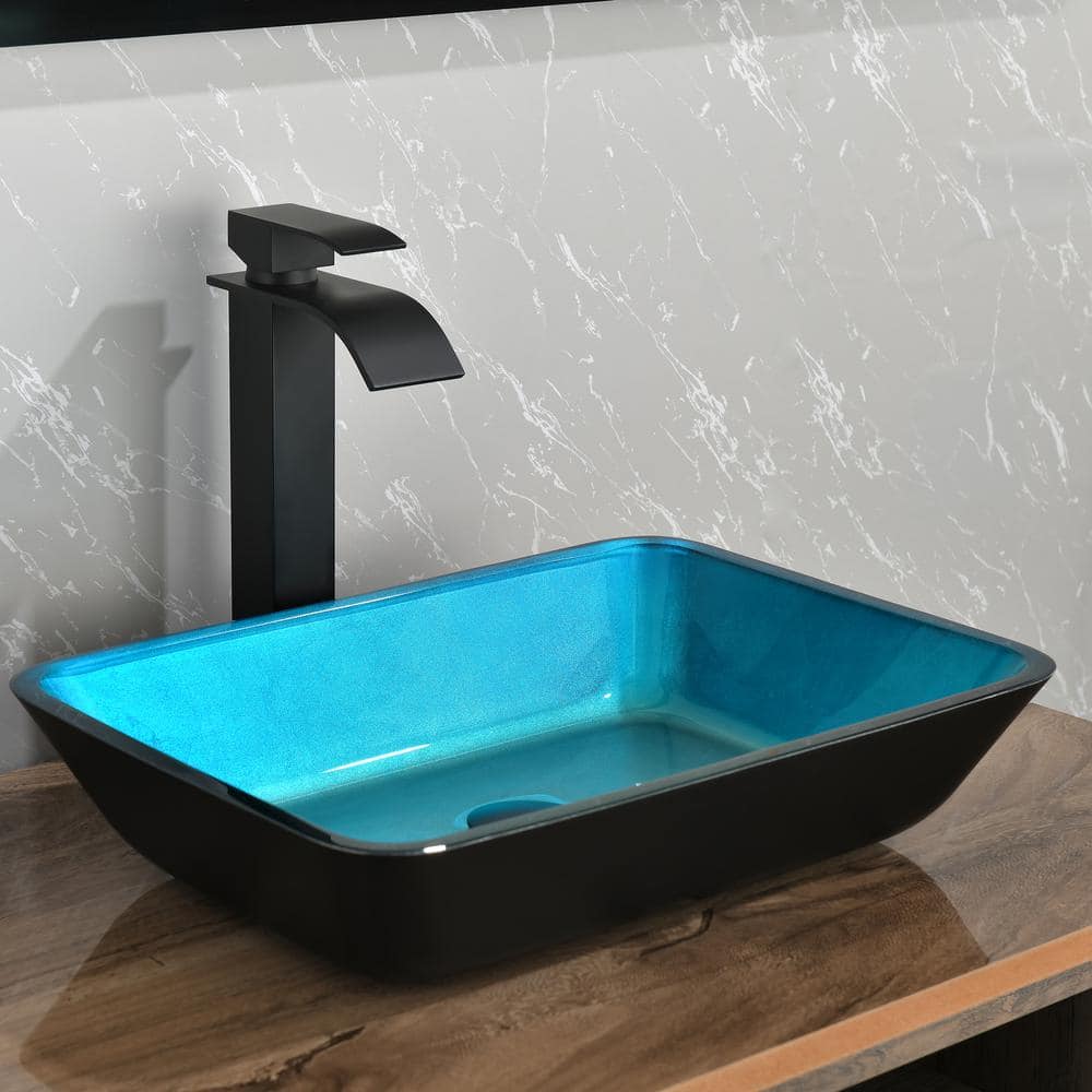 tunuo Turquoise Blue Glass Rectangular Bathroom Vessel Sink with Black ...