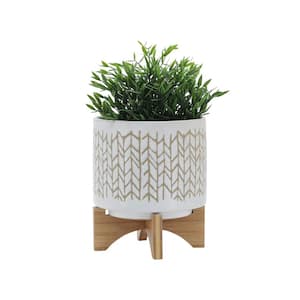 GOGEXX 8 in. White Ceramic Modern Flower Pot with Stand, Planter with ...