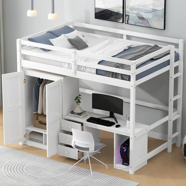 Harper And Bright Designs White Wooden Full Size Loft Bed With Wardrobe