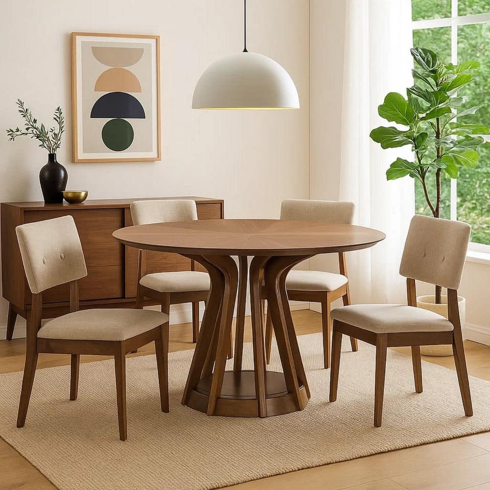 Benjara Koen Scandinavian Walnut Brown Wood 47 in. Pedestal Base Dining ...