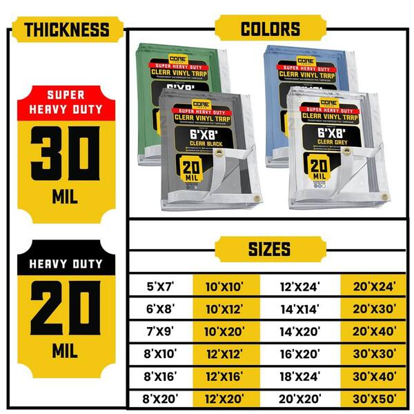 CORE TARPS 8 ft. X ft. 16 Clear Grey Extreme Heavy Duty 30 Mil Vinyl ...